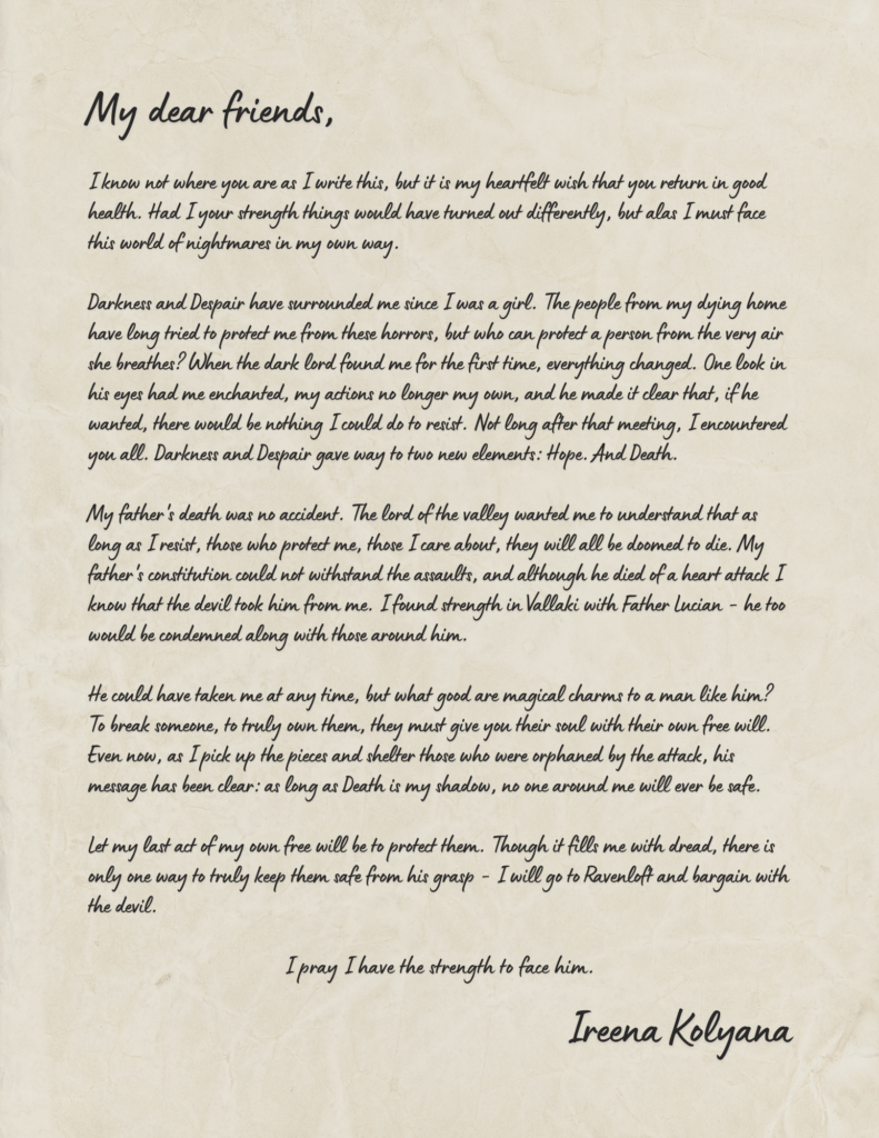 Free Goodbye Letter From Ireena (Curse of Strahd) - House Of Lolth