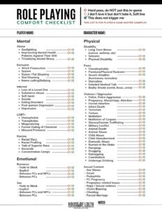 RPG Trigger Warning Free Checklist - House Of Lolth